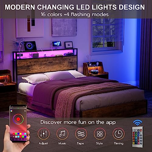 IKIFLY Queen Size Storage Headboard with LED Lights & Charging Station - Industrial Metal and Wood Queen Headboard Only for Bedroom, Attach Frame, Easy Assembly - Rustic Brown