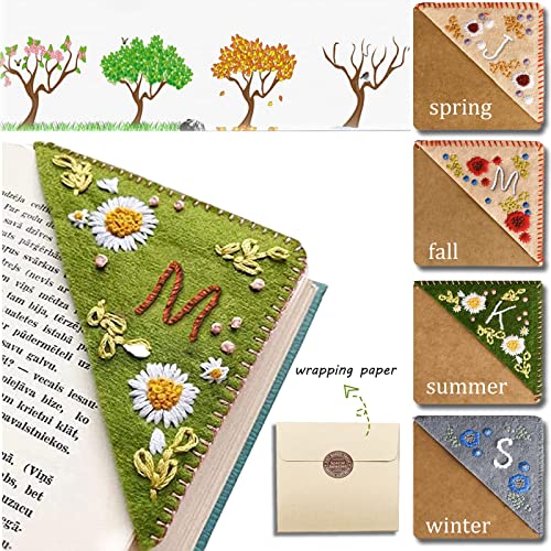Personalized Hand Embroidered Corner Bookmark,Felt Triangle Page Stitched Corner Handmade Bookmark,Unique Cute Flower Letter Embroidery Bookmarks Accessories for Book Lovers (Winter,J)
