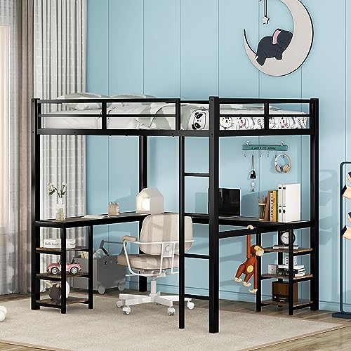 BOVZA Full Metal Loft Bed with Desk and Shelves, Multifunctional Loft Bed with Ladder and Safety Guardrails, Bed Frame for Bedroom, Space Saving, Black