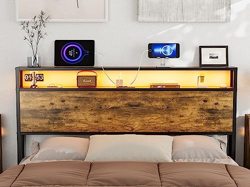 IKIFLY Queen Size Storage Headboard with LED Lights & Charging Station - Industrial Metal and Wood Queen Headboard Only for Bedroom, Attach Frame, Easy Assembly - Rustic Brown