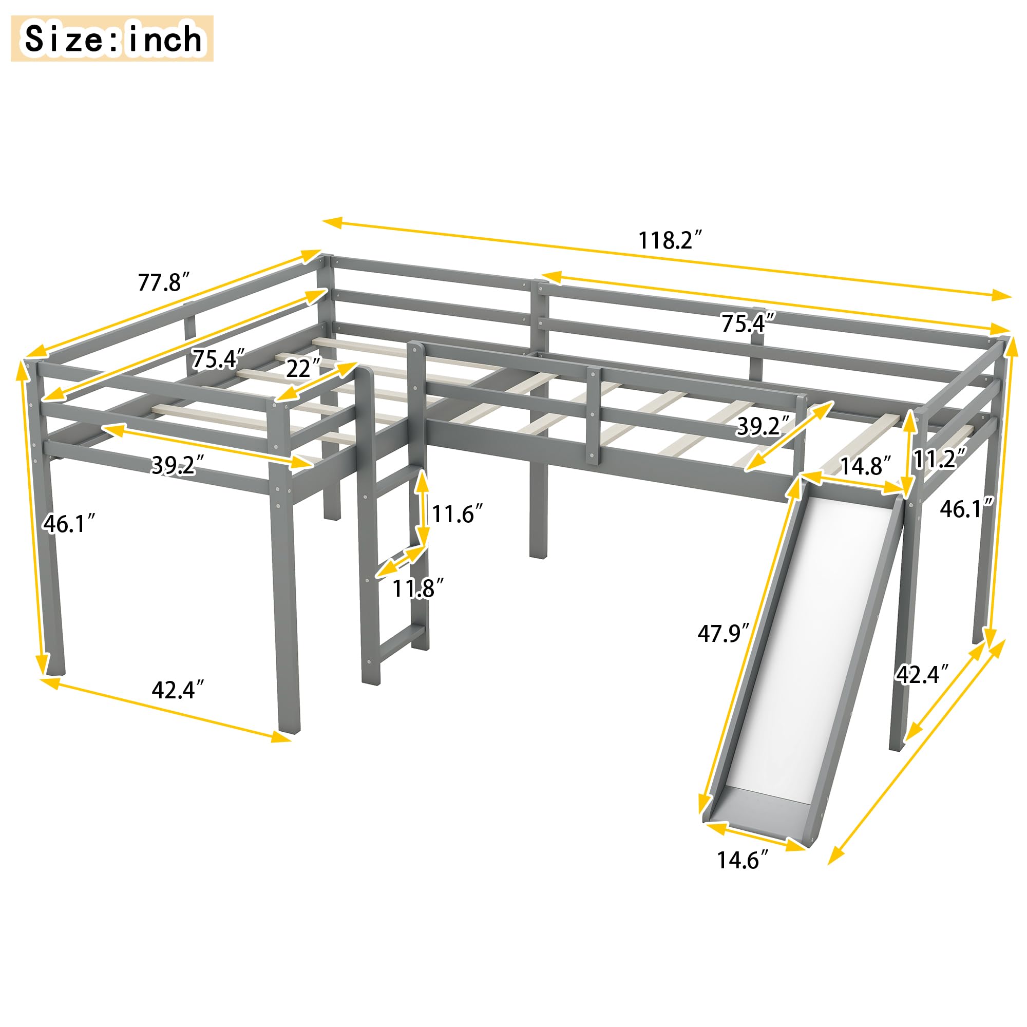 RUNWON Twin Size L-Shaped Loft Bed with Ladder and Slide for 2 Kids Teens