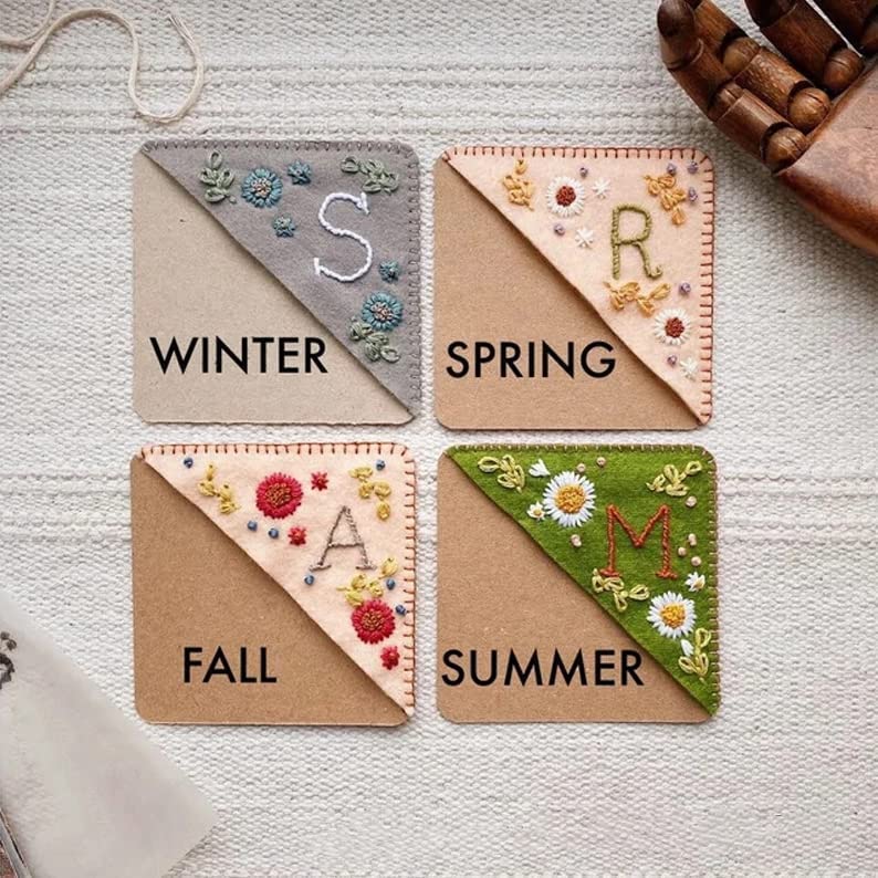 Personalized Hand Embroidered Corner Bookmark,Felt Triangle Page Stitched Corner Handmade Bookmark,Unique Cute Flower Letter Embroidery Bookmarks Accessories for Book Lovers (Winter,J)