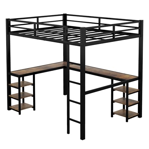 BOVZA Full Metal Loft Bed with Desk and Shelves, Multifunctional Loft Bed with Ladder and Safety Guardrails, Bed Frame for Bedroom, Space Saving, Black