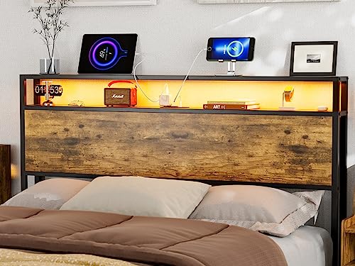 IKIFLY Queen Size Storage Headboard with LED Lights & Charging Station - Industrial Metal and Wood Queen Headboard Only for Bedroom, Attach Frame, Easy Assembly - Rustic Brown