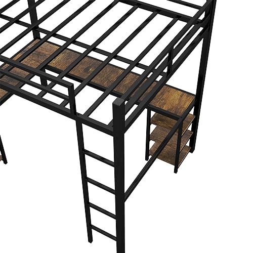 BOVZA Full Metal Loft Bed with Desk and Shelves, Multifunctional Loft Bed with Ladder and Safety Guardrails, Bed Frame for Bedroom, Space Saving, Black