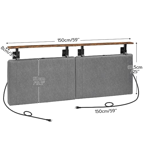 HOOBRO Queen Size Headboard, Wall Mount Hanging Headboard with 4 USB Ports and LED Light, PU Upholstery, Open Storage Shelf, for Bedroom, Bar, Dining or Entryway, Rustic Brown and Gray