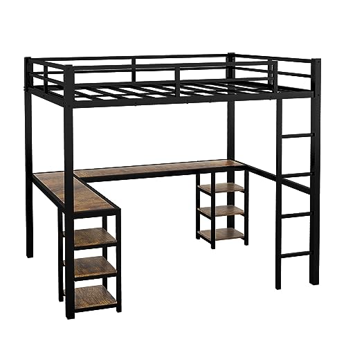 BOVZA Full Metal Loft Bed with Desk and Shelves, Multifunctional Loft Bed with Ladder and Safety Guardrails, Bed Frame for Bedroom, Space Saving, Black