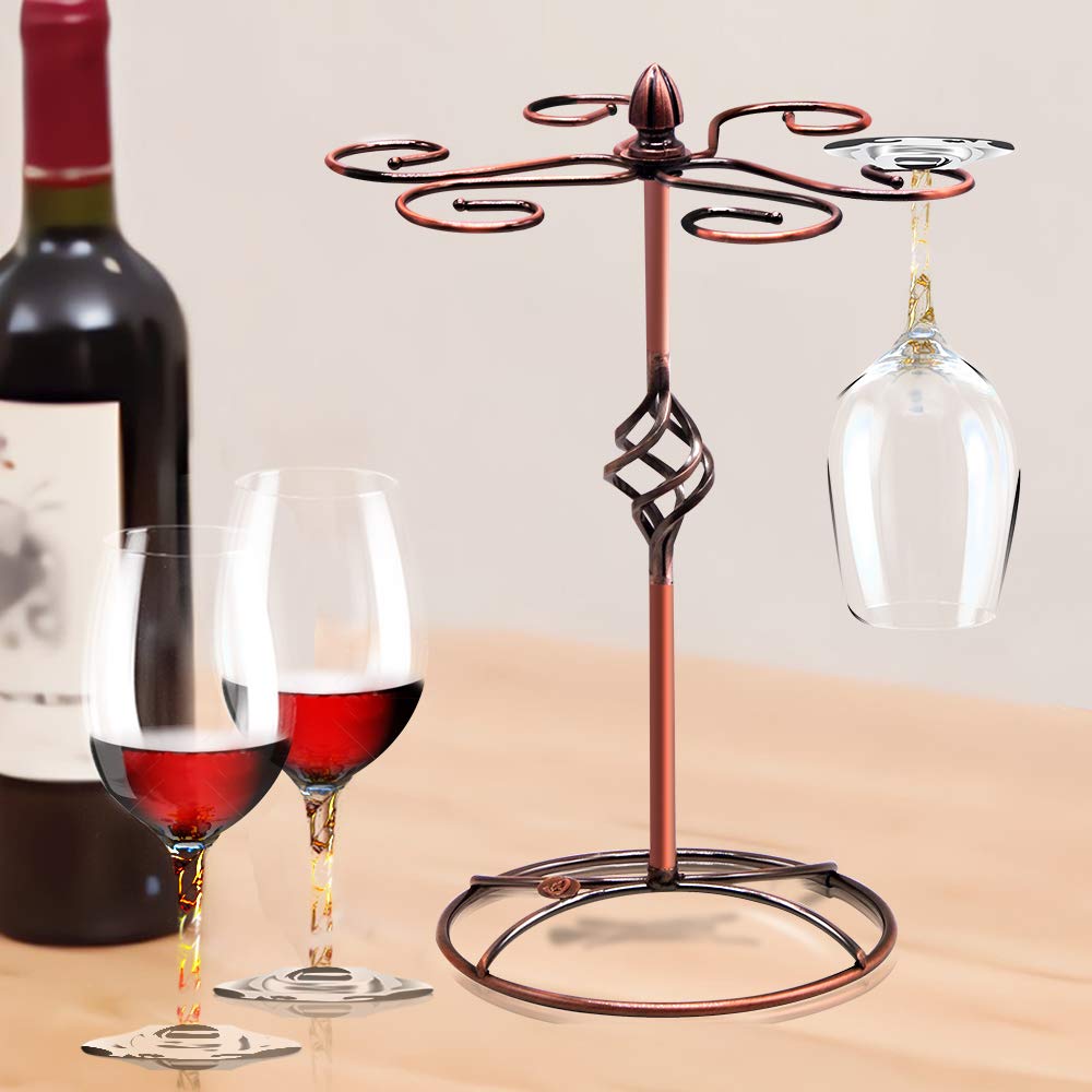 Sunnyac Scrollwork Bronze Wine Glass Rack, Elegant Freestanding Stemware Holder Stand with 6 Hooks, For Home and Bar Storage and Artistic Tabletop Display, Spiral-style(Bronze 1)
