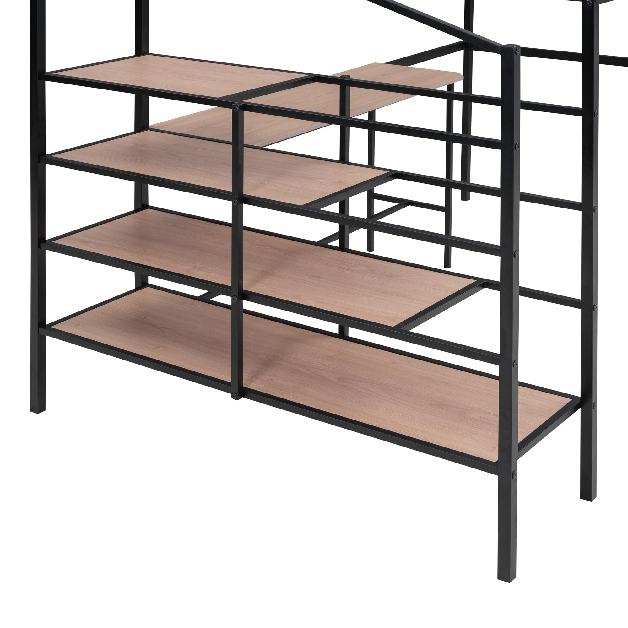 FANYHOME Full Size Metal Loft Bed with Desk and Metal Grid, Stylish Metal Frame Bed with Lateral Storage Ladder and Wardrobe loft Bed Twin Size with Desk (Black)