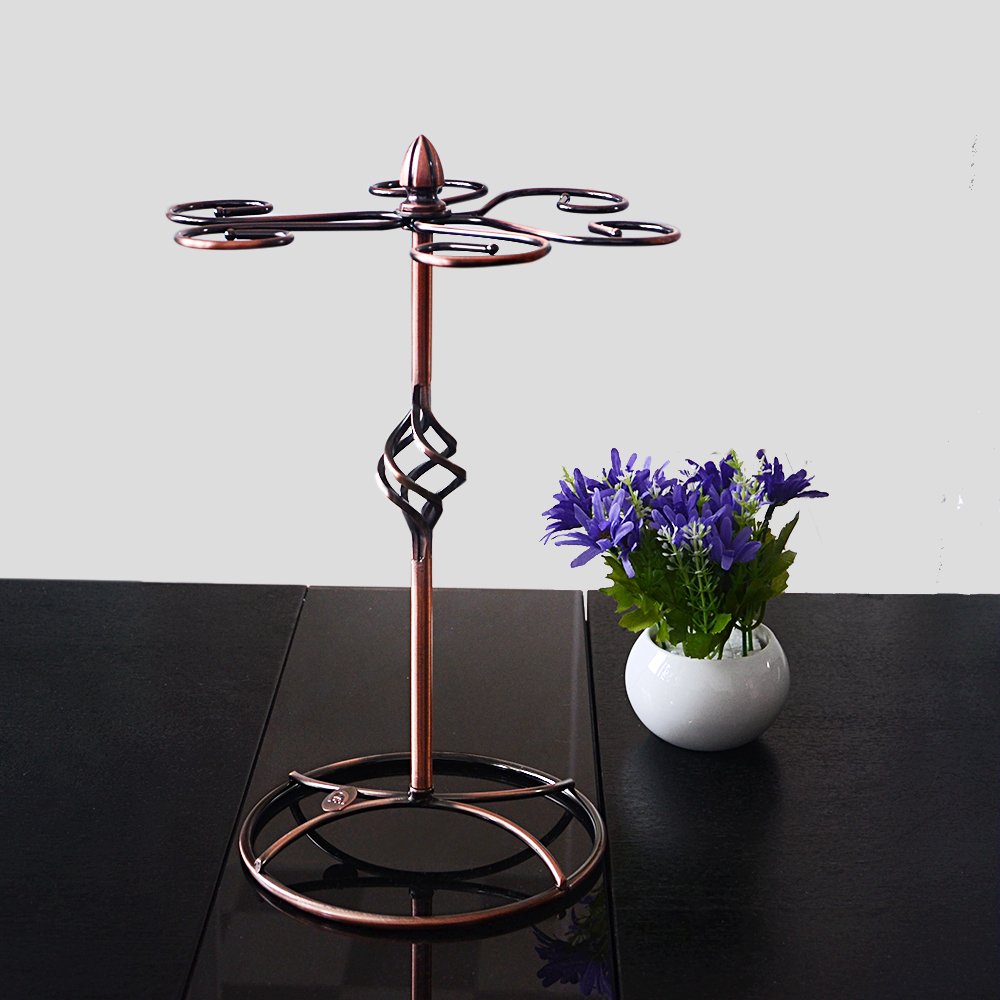 Sunnyac Scrollwork Bronze Wine Glass Rack, Elegant Freestanding Stemware Holder Stand with 6 Hooks, For Home and Bar Storage and Artistic Tabletop Display, Spiral-style(Bronze 1)