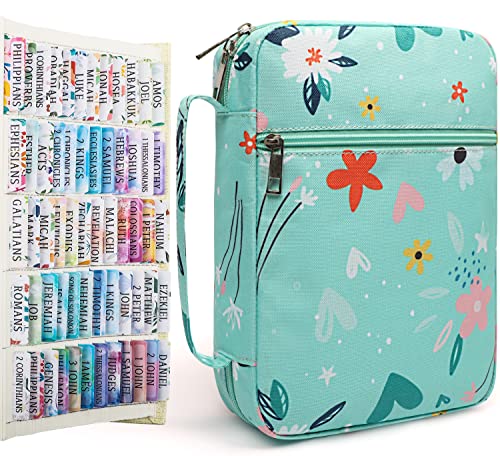 Bible Cover Case for Women,Book Cover Floral Pattern Fits for Standard Size Bible with Colorful 66 Bible Tabs and 34 Blank Sticky Tabs,Bible Bag Large Size Gift for Mom/Daughter/Girls Green