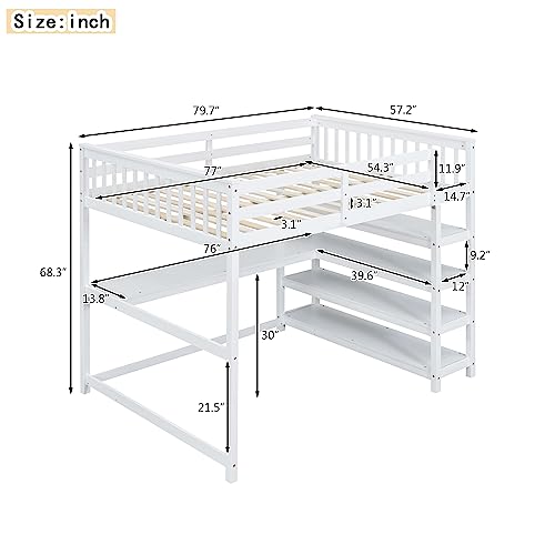 BOVZA Wood Loft Bed with Desk and Shelves, Full Size Loft Bed with Storage Shelves and Under-Bed Desk, Bed Frame for Kids Teens Adult, White