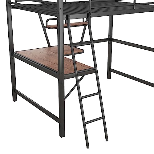 Full Size Metal Loft Bed with MDF Desk and Storage Shelf, Multifunctional Loft Bed with Ladder and Guard Rail, Space Saving, No Box Spring Needed for Boys Girls Teens Adults (Black, Full)