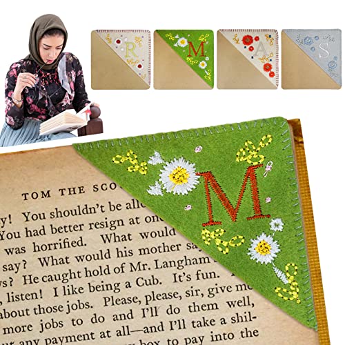 4 Packs Personalized Hand Embroidered Bookmark for Book Lovers, Unique Letters & Cute Flower Embroidery Corner Bookmark Book Marker Clip Meaningful Gift for Reader Friend Student