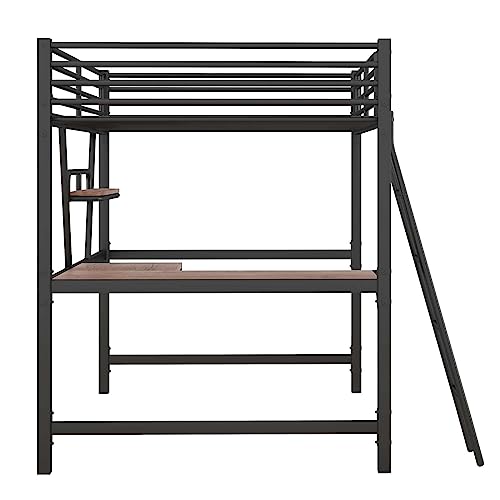 Full Size Metal Loft Bed with MDF Desk and Storage Shelf, Multifunctional Loft Bed with Ladder and Guard Rail, Space Saving, No Box Spring Needed for Boys Girls Teens Adults (Black, Full)