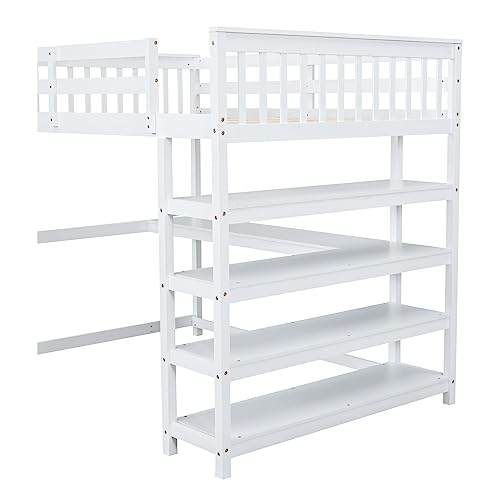 BOVZA Wood Loft Bed with Desk and Shelves, Full Size Loft Bed with Storage Shelves and Under-Bed Desk, Bed Frame for Kids Teens Adult, White
