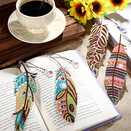 6 Pcs Diamond Painting Bookmarks Kit 5D DIY Feather Rhinestones Bookmark for Kids Adults PVC Art Bookmarks with Crystal Pendant for Crafts School Beginner Office Home, 6 Styles (Vintage)