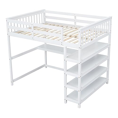 BOVZA Wood Loft Bed with Desk and Shelves, Full Size Loft Bed with Storage Shelves and Under-Bed Desk, Bed Frame for Kids Teens Adult, White
