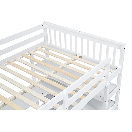 BOVZA Wood Loft Bed with Desk and Shelves, Full Size Loft Bed with Storage Shelves and Under-Bed Desk, Bed Frame for Kids Teens Adult, White