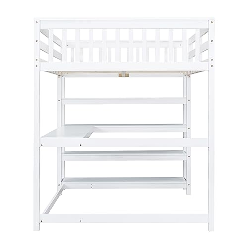 BOVZA Wood Loft Bed with Desk and Shelves, Full Size Loft Bed with Storage Shelves and Under-Bed Desk, Bed Frame for Kids Teens Adult, White