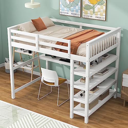 BOVZA Wood Loft Bed with Desk and Shelves, Full Size Loft Bed with Storage Shelves and Under-Bed Desk, Bed Frame for Kids Teens Adult, White
