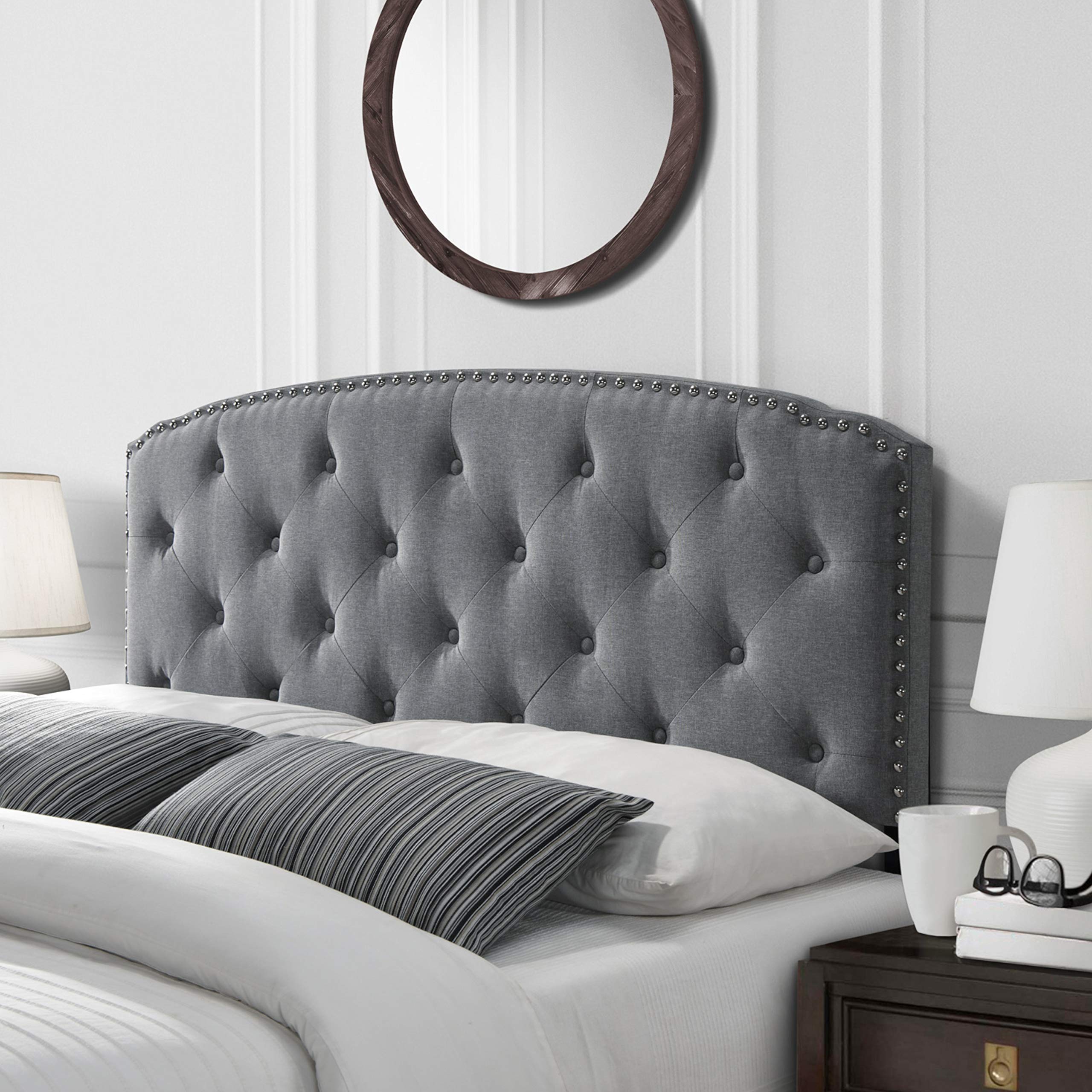 DG Casa Wembley Diamond Tufted Upholstered Nailhead Trim Adjustable Height Headboard, Queen Size in Grey Polyester Blend Fabric, Gray
