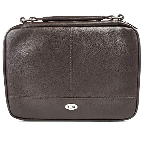 Christian Art Gifts Faux Leather Bible Cover for Men and Women | Ichthus Jesus Fish Emblem Zippered Two-Fold Organizer Case for Bible or Book w/Handle