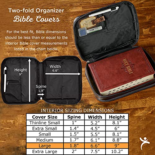 Christian Art Gifts Faux Leather Bible Cover for Men and Women | Ichthus Jesus Fish Emblem Zippered Two-Fold Organizer Case for Bible or Book w/Handle