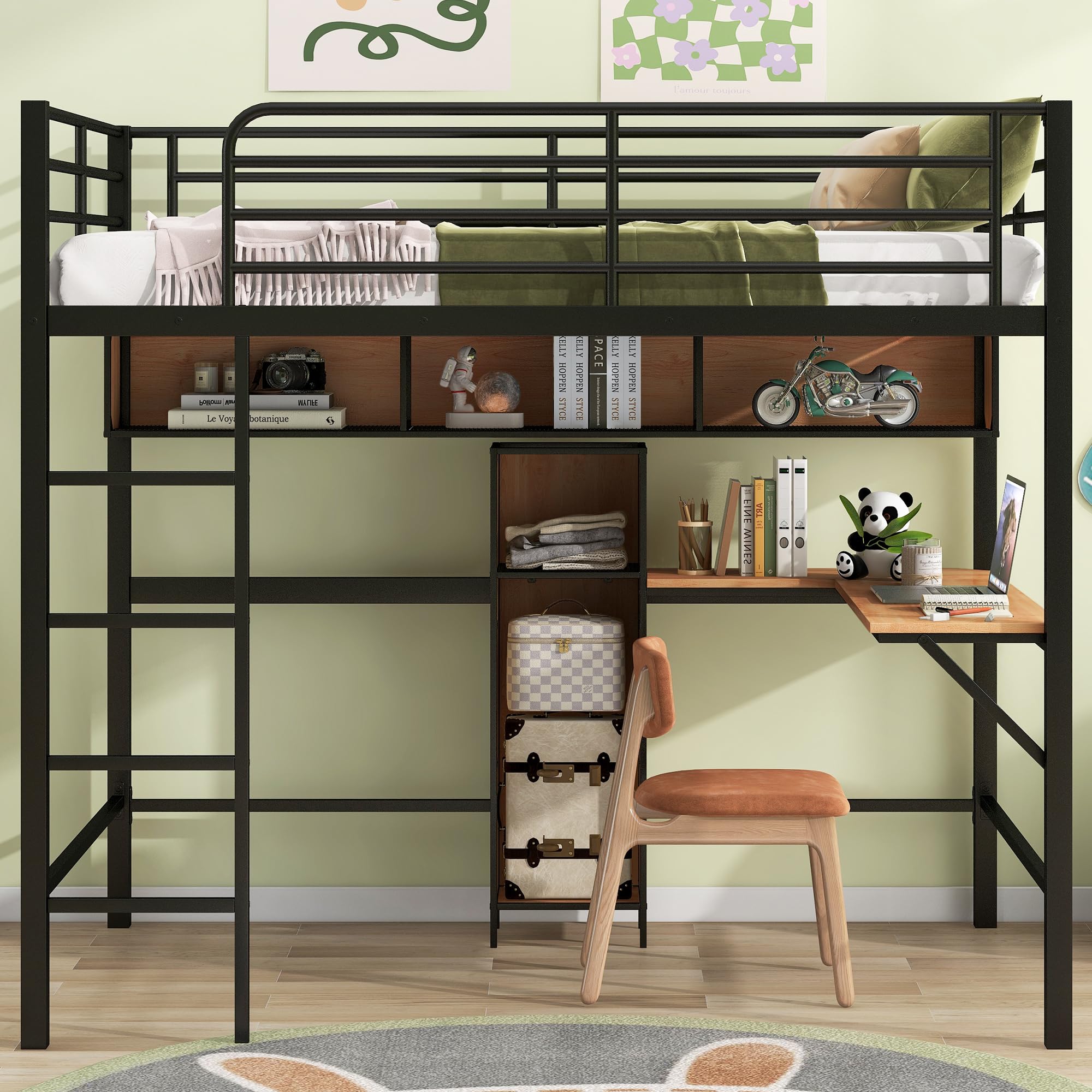 Oudiec Full Size Loft Bed with Wood L -Shaped Desk,Multifunctional Metal Bedframe w/Ladder & Shelves & Safety Rail for Dorm,Bedroom,No Noise,No Box Spring Needed,Black