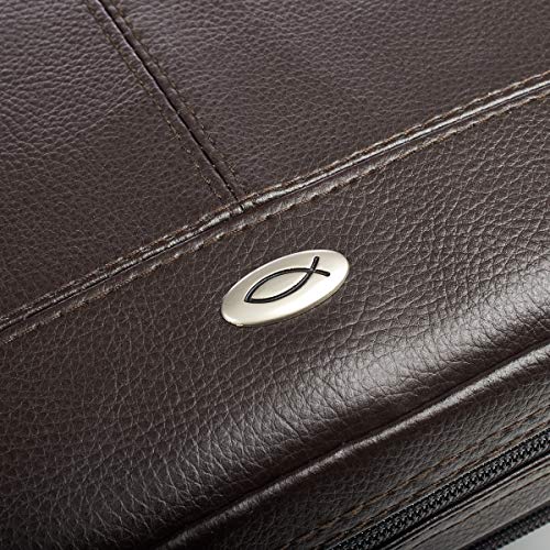 Christian Art Gifts Faux Leather Bible Cover for Men and Women | Ichthus Jesus Fish Emblem Zippered Two-Fold Organizer Case for Bible or Book w/Handle