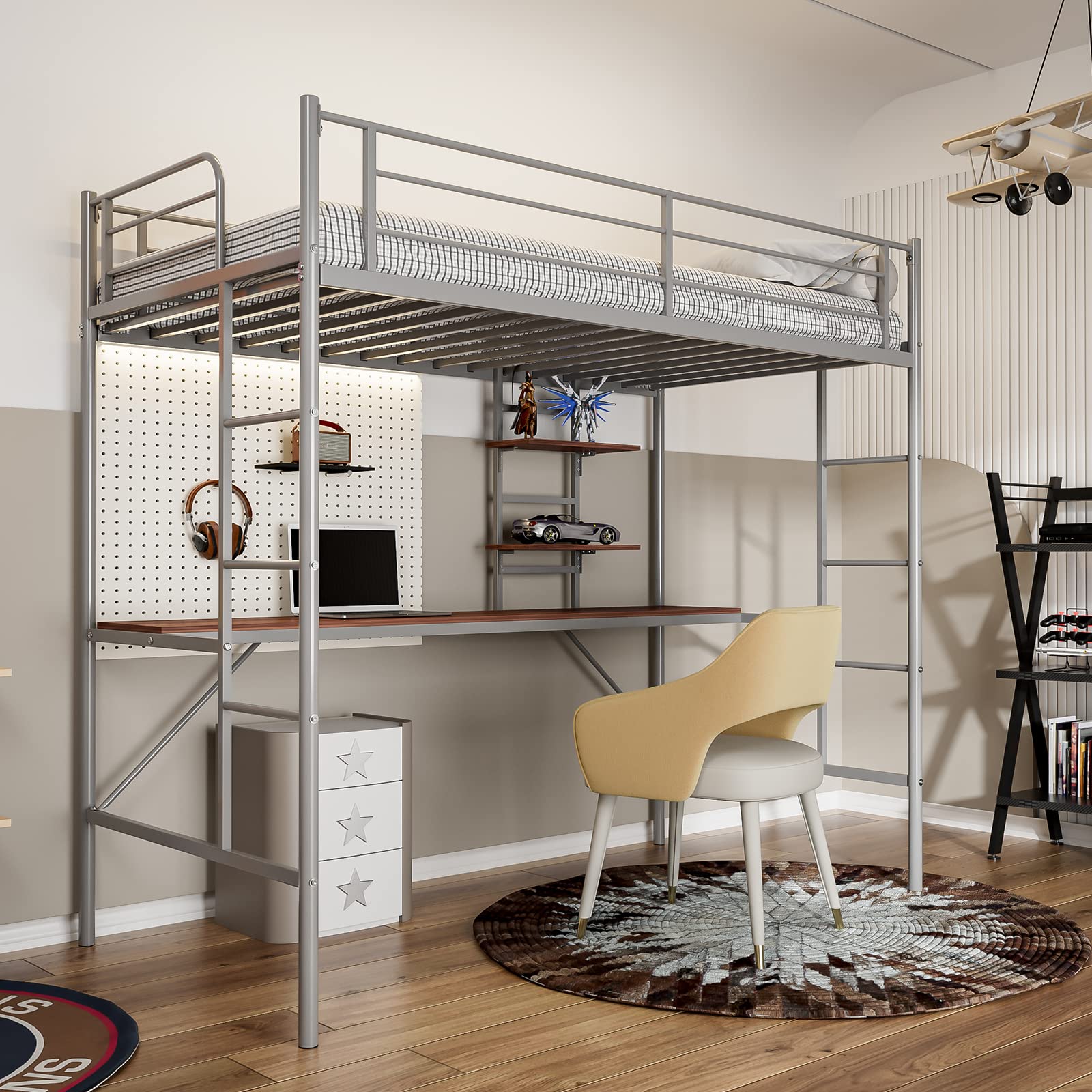 IKIFLY Twin Size Loft Bed with Desk & Storage Shelves, Metal Loft Bed Frame with 2 Built-in Ladders, Safety Guard Rail, Space-Saving Design, Noise Free, No Box Spring Needed - Silver Grey