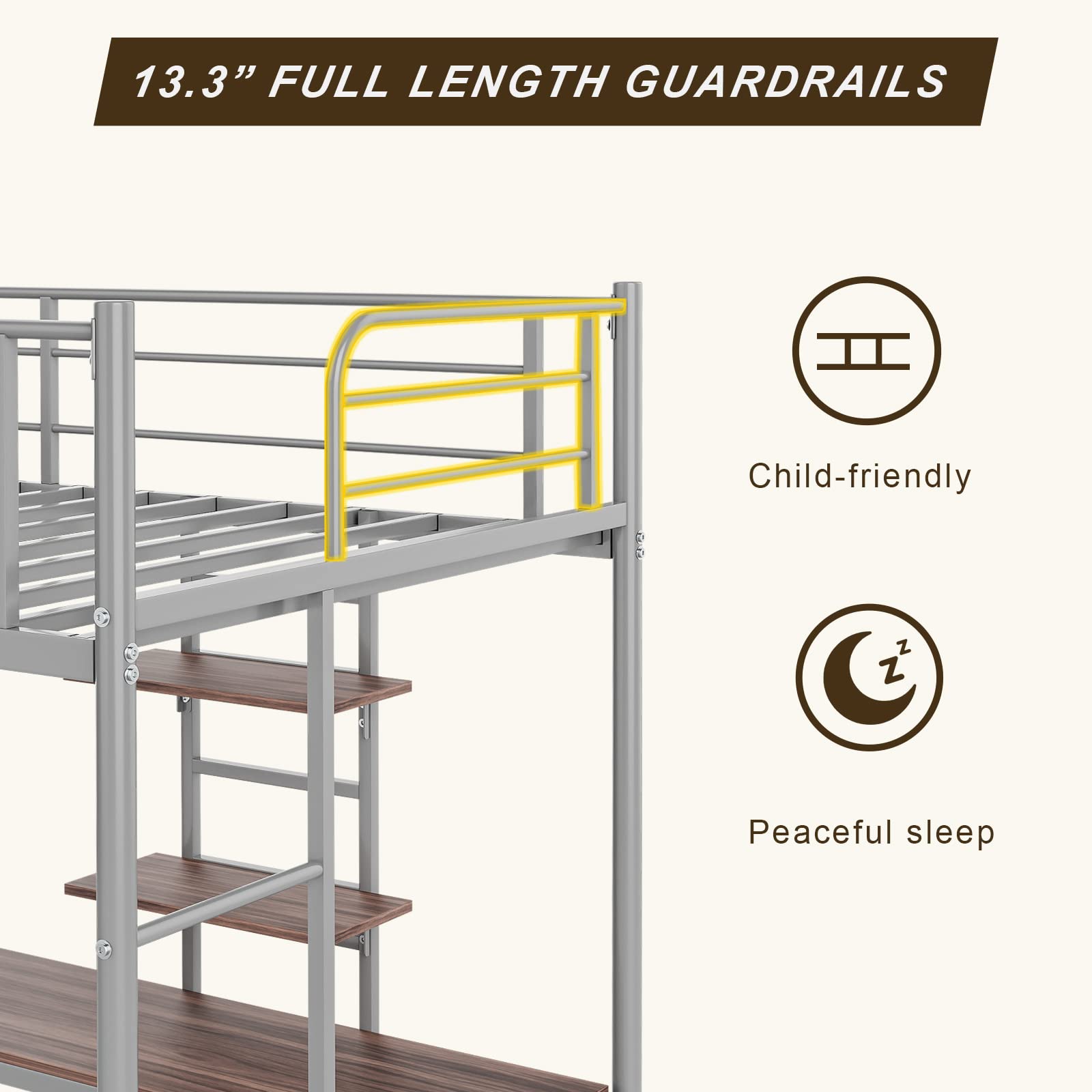 IKIFLY Twin Size Loft Bed with Desk & Storage Shelves, Metal Loft Bed Frame with 2 Built-in Ladders, Safety Guard Rail, Space-Saving Design, Noise Free, No Box Spring Needed - Silver Grey