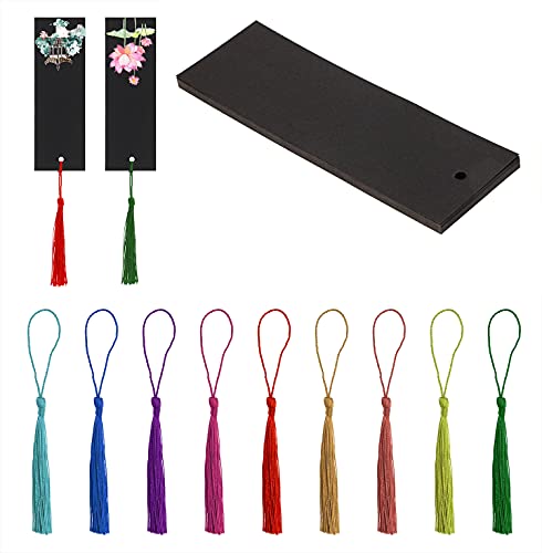 Penta Angel Bookmark with Tassel 20pcs Blank Kraft Paper Cardstock Bookmarks Gift Tags and 20pcs Random Color Handmade Tassels for Earring Key Chain Jewelry Making and Craft DIY (Black, 5.5x2inch)