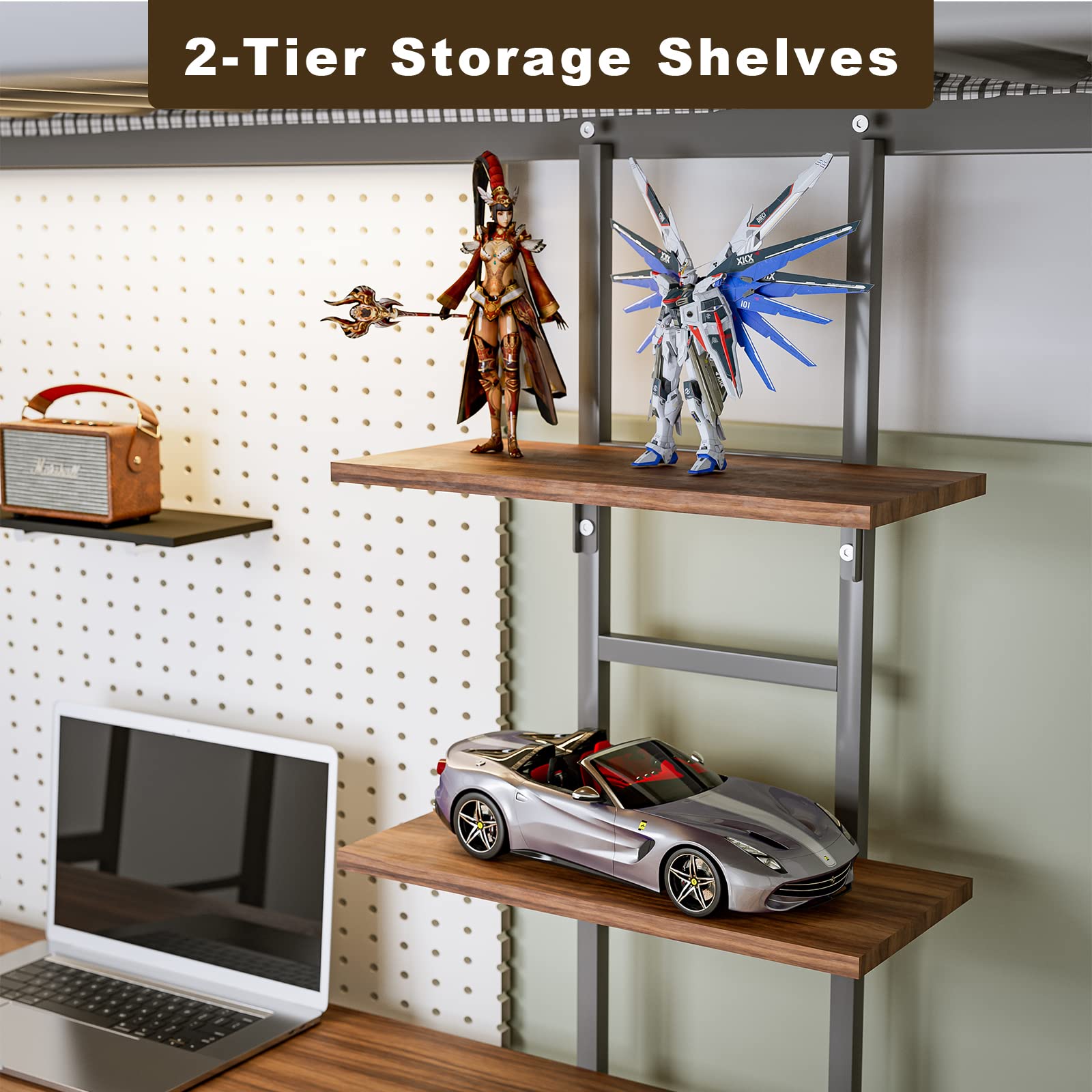 IKIFLY Twin Size Loft Bed with Desk & Storage Shelves, Metal Loft Bed Frame with 2 Built-in Ladders, Safety Guard Rail, Space-Saving Design, Noise Free, No Box Spring Needed - Silver Grey