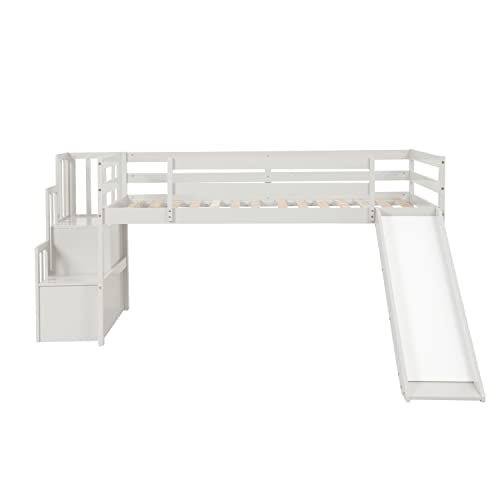 HABUHOME Low Loft Bed with Staircase,Twin Size Kids Loft Bed with Step Storage,Wood Loft Bed Frame Twin with Safety Guardrails for Girls, Boys,White