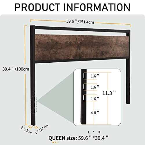 TXIYEAN Headboard Only Sturdy Wood Headboard with Metal Slat Rustic Headboard Easy Assembly, Twin, Twin XL/Queen/King (Queen)