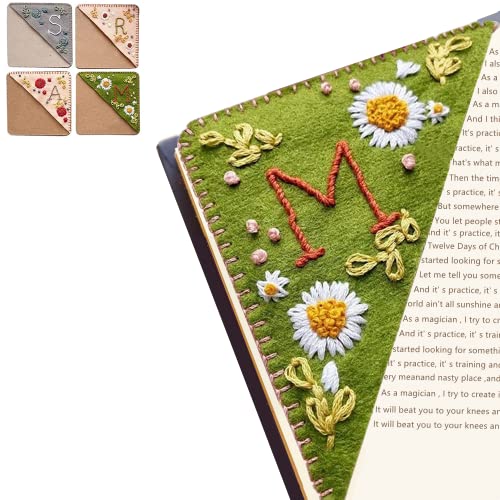 Personalized Hand Embroidered Corner Bookmark 26 Letters Felt Triangle Corner Page Bookmark Handmade Stitched Book Marker Cute Flower Bookmarks for Book Reading Lovers Meaningful Gift (M, Summer)