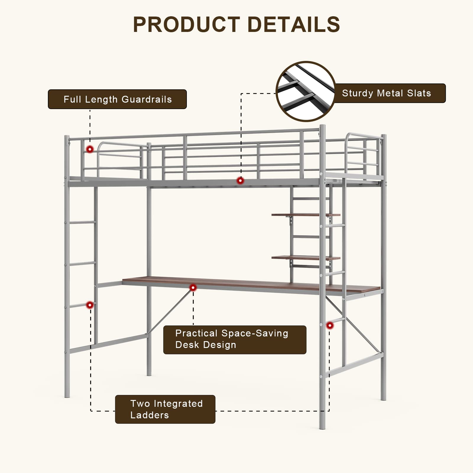IKIFLY Twin Size Loft Bed with Desk & Storage Shelves, Metal Loft Bed Frame with 2 Built-in Ladders, Safety Guard Rail, Space-Saving Design, Noise Free, No Box Spring Needed - Silver Grey