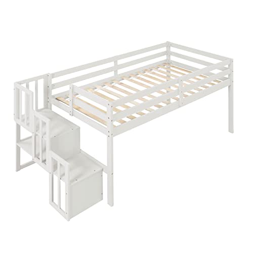 HABUHOME Low Loft Bed with Staircase,Twin Size Kids Loft Bed with Step Storage,Wood Loft Bed Frame Twin with Safety Guardrails for Girls, Boys,White