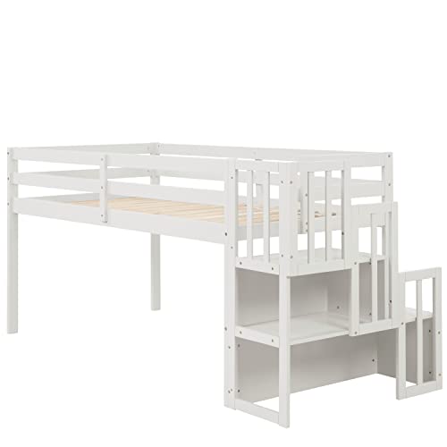 HABUHOME Low Loft Bed with Staircase,Twin Size Kids Loft Bed with Step Storage,Wood Loft Bed Frame Twin with Safety Guardrails for Girls, Boys,White