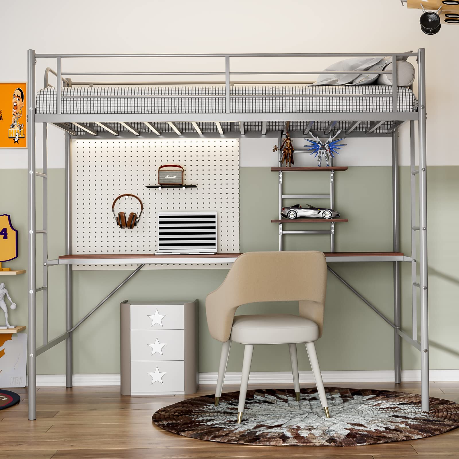 IKIFLY Twin Size Loft Bed with Desk & Storage Shelves, Metal Loft Bed Frame with 2 Built-in Ladders, Safety Guard Rail, Space-Saving Design, Noise Free, No Box Spring Needed - Silver Grey
