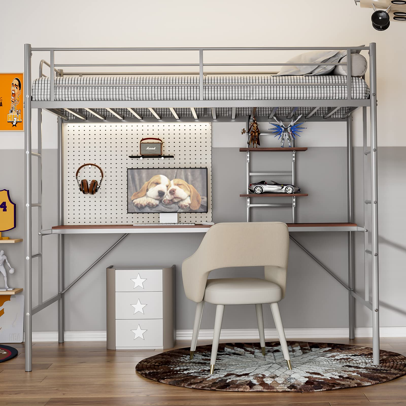 IKIFLY Twin Size Loft Bed with Desk & Storage Shelves, Metal Loft Bed Frame with 2 Built-in Ladders, Safety Guard Rail, Space-Saving Design, Noise Free, No Box Spring Needed - Silver Grey