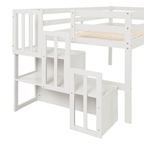 HABUHOME Low Loft Bed with Staircase,Twin Size Kids Loft Bed with Step Storage,Wood Loft Bed Frame Twin with Safety Guardrails for Girls, Boys,White