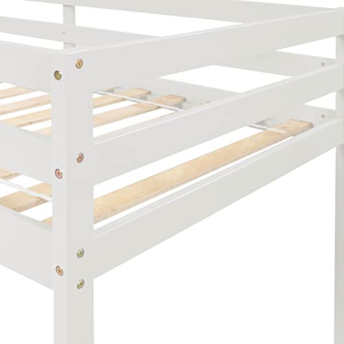 HABUHOME Low Loft Bed with Staircase,Twin Size Kids Loft Bed with Step Storage,Wood Loft Bed Frame Twin with Safety Guardrails for Girls, Boys,White
