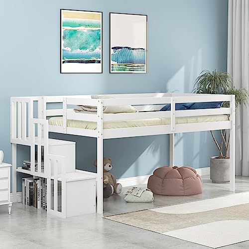 HABUHOME Low Loft Bed with Staircase,Twin Size Kids Loft Bed with Step Storage,Wood Loft Bed Frame Twin with Safety Guardrails for Girls, Boys,White