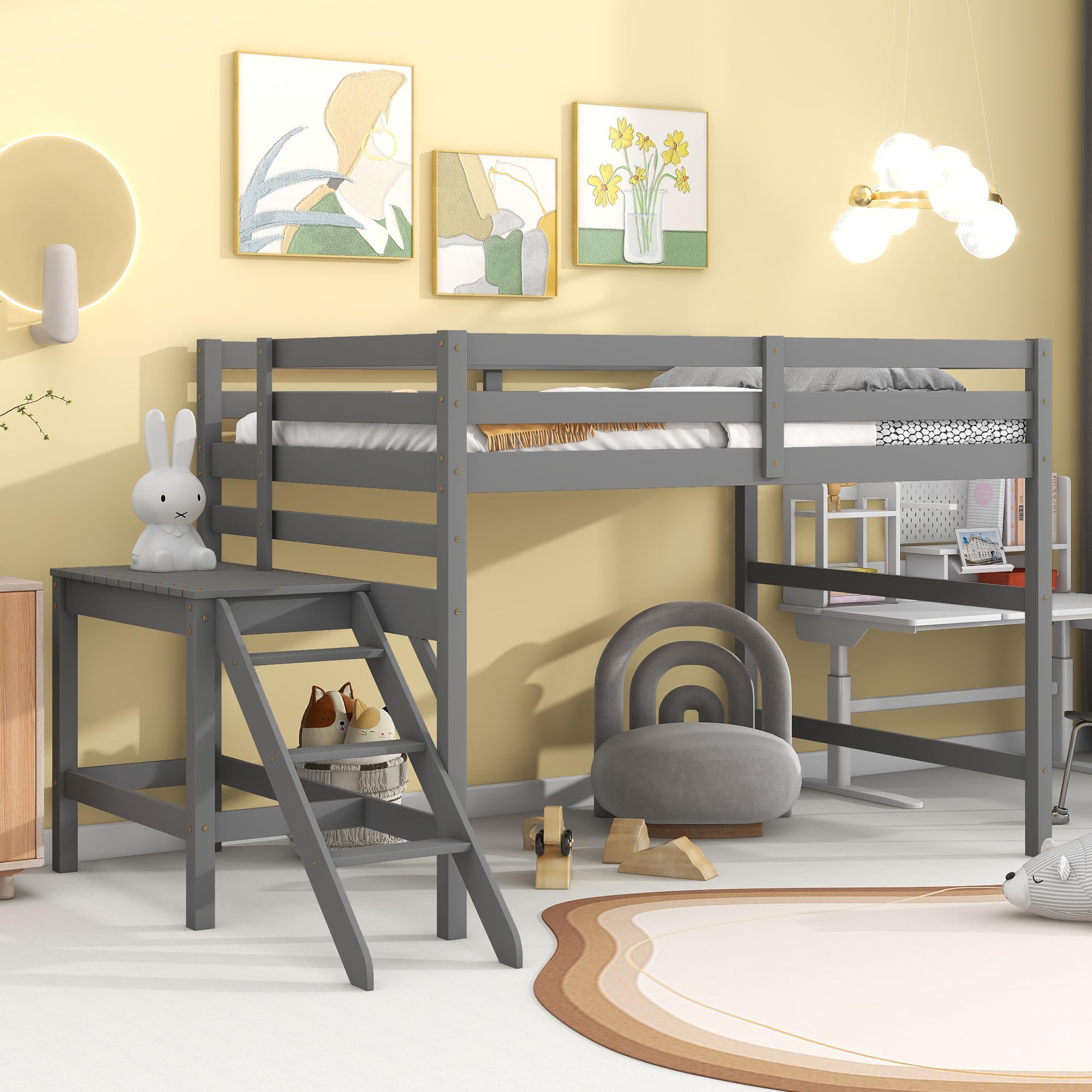 HZHOME Full Loft Bed with Platform and Ladder, Wood Low Loft Bed for Kids, Junior Loft Bed Full Size with Spacious Underneath Space for Children Girls Boys Bedroom,No Box Spring Needed, Grey