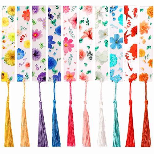 10 PCS Flower Resin Bookmarks Clear Floral Bookmarks Cute Bookmarks Dried Flower Page Marker with Tassels for Book Lovers Reader Teachers Students Women