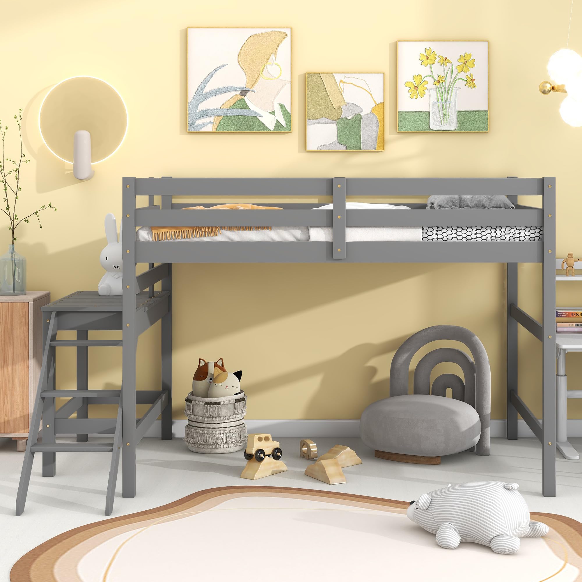 HZHOME Full Loft Bed with Platform and Ladder, Wood Low Loft Bed for Kids, Junior Loft Bed Full Size with Spacious Underneath Space for Children Girls Boys Bedroom,No Box Spring Needed, Grey