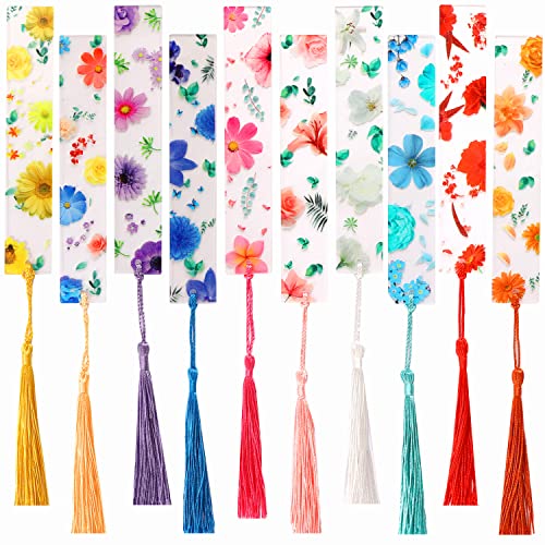 10 PCS Flower Resin Bookmarks Clear Floral Bookmarks Cute Bookmarks Dried Flower Page Marker with Tassels for Book Lovers Reader Teachers Students Women