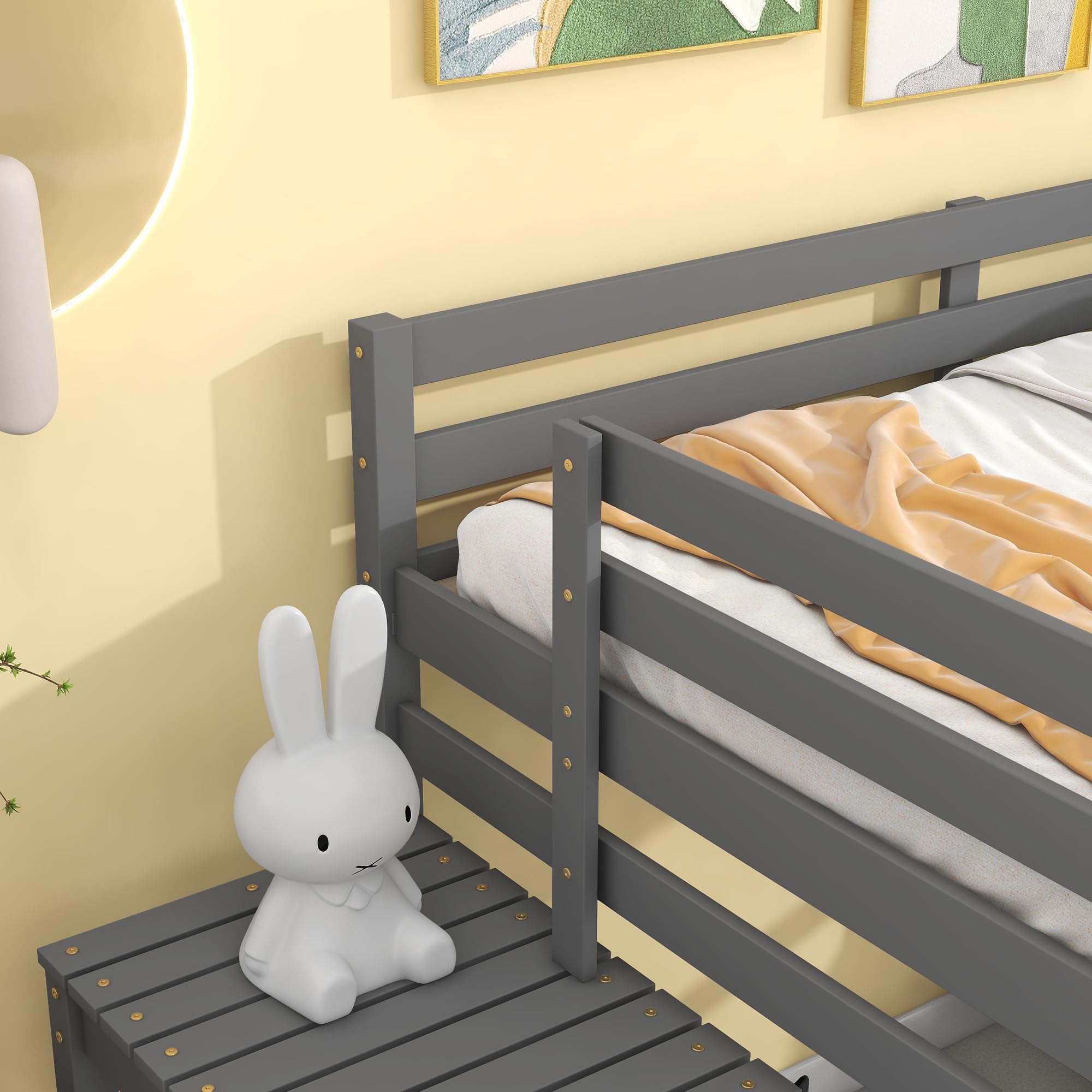 HZHOME Full Loft Bed with Platform and Ladder, Wood Low Loft Bed for Kids, Junior Loft Bed Full Size with Spacious Underneath Space for Children Girls Boys Bedroom,No Box Spring Needed, Grey